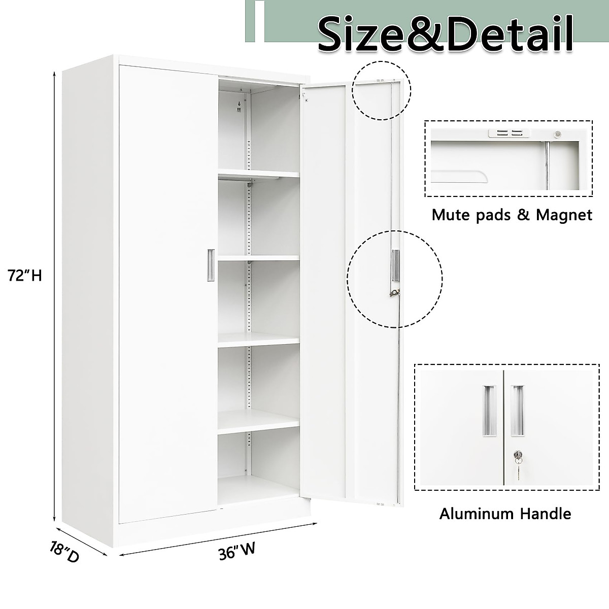 BESFUR Metal Storage Cabinet, 72" - White Garage Metal Cabinet, Adjustable Shelves and Locking Doors for Office, School, Garage