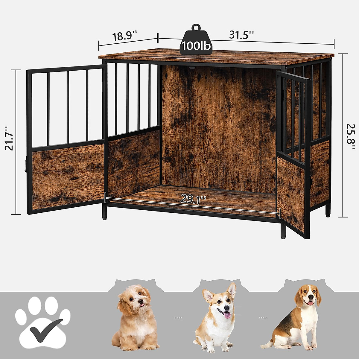 MAHANCRIS Dog Crate Furniture, 31.5 Inch Dog Kennel with Double-Door, Wooden Heavy Duty Dog Cage for Small Medium Dogs, Indoor Dog House End Table, Chew-Resistant, Rustic Brown DCHR0501Z