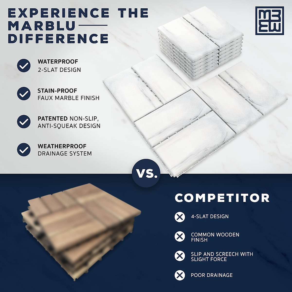 Patio Deck Tiles - 9 Pack - Marble Effect 12" x 12" Interlocking Deck Tiles Outdoor with Weatherproof Patio Flooring Interlocking Tiles Snap Together Outdoor Tiles for Patio – Interlock Tiles