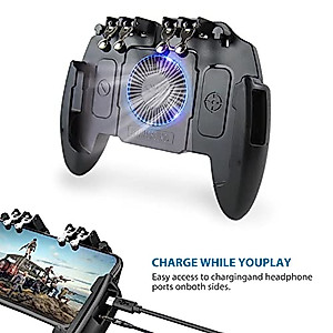 Mobile Game Controller with Cooling Fan/Phone Holder/Finger Sleeves Fits for PUBG/Fortnite/Call of Duty Tomoda L1R1 Mobile Triggers for 4.7”-6.5” iOS Android Phones