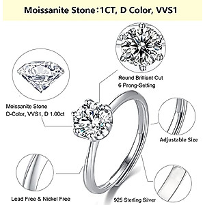 Letalong 1CT Adjustable Moissanite Rings for Women, S925 Sterling Silver 6 Prong Moissanite Engagement Ring