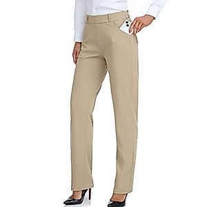 Oalka Women's Dress Pants Straight Leg Yoga Work Stretchy Pant for Office Business Khaki Brown Short L