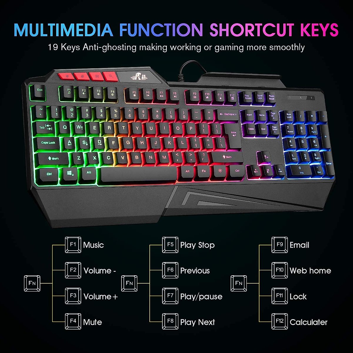 Rii RK202 RGB Gaming Keyboard Multiple Color Rainbow LED Backlit USB Wired Gaming Keyboard,104 Keys Silent Keyboard with Wrist Rest for Windows & Mac PC Gamers (Black)