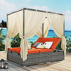 BAMOOLI Outdoor Canopy Bed, Patio PE Rattan Outdoor Chaise Lounge Daybed with Adjustable Seats, Outdoor Sunbed with Four-Sided Canopy, Rattan Sun Lounger Patio Loveseat Sofa Set with Curtains, Orange