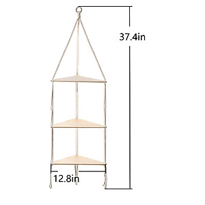 Typutomi Macrame Hanging Shelf 3 Tier, Wooden Triangle Hanging Shelf Handmade Woven Rope Corner Shelves Floating Shelf Plant Hanger for Living Room, Bedroom, Apartment, Nursery