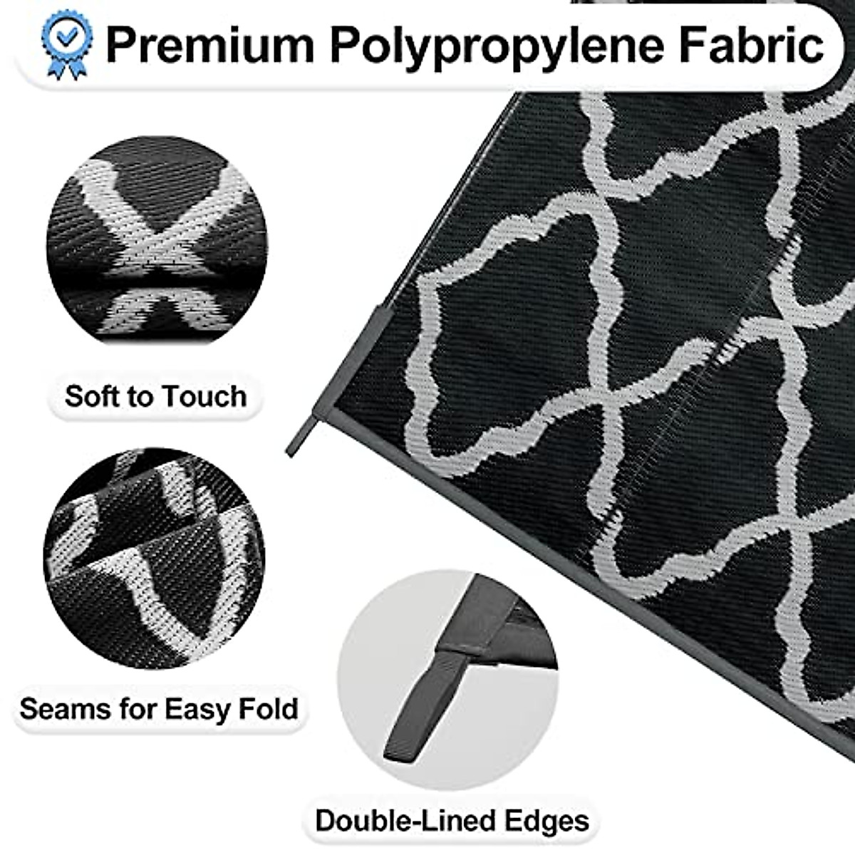 OutdoorLines Outdoor Plastic Area Rugs for Patio 4x6 ft - Reversible Outside Carpet, Stain & UV Resistant RV Mats, Straw Rug for Camping, Deck Garden, Porch and Balcony, Moroccan Black & Light Grey