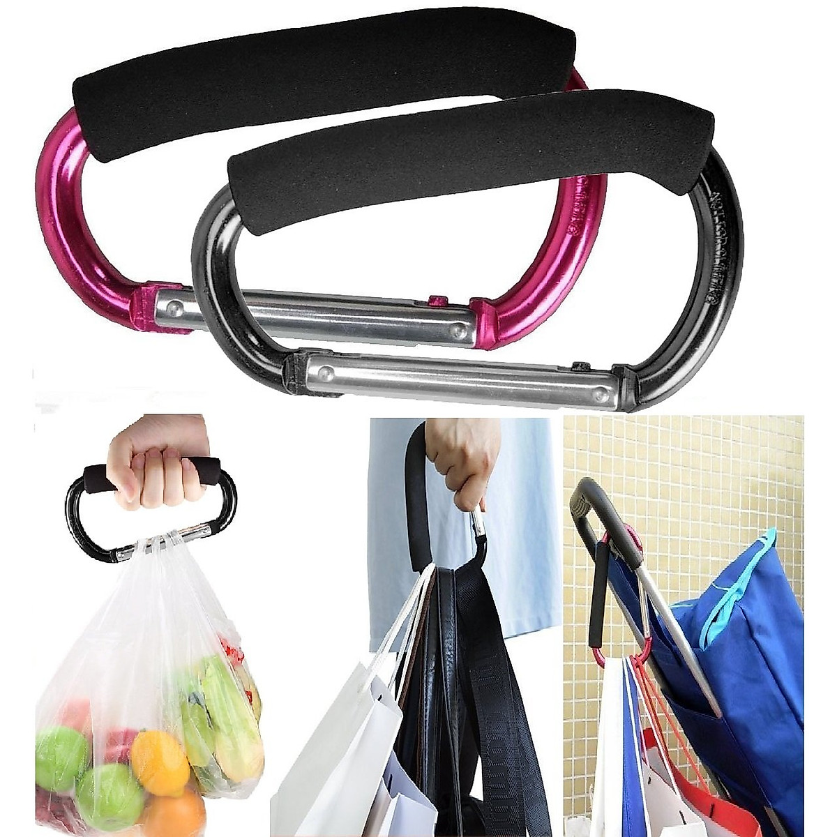 Large Stroller Hooks for Mommy, 2 pcs Carabiner Stroller Hook Organizer for Hanging Purses, Diaper Bag, Shopping Bags. Clip Fits Single/Twin Travel Systems, Car Seats (Black+Rose)