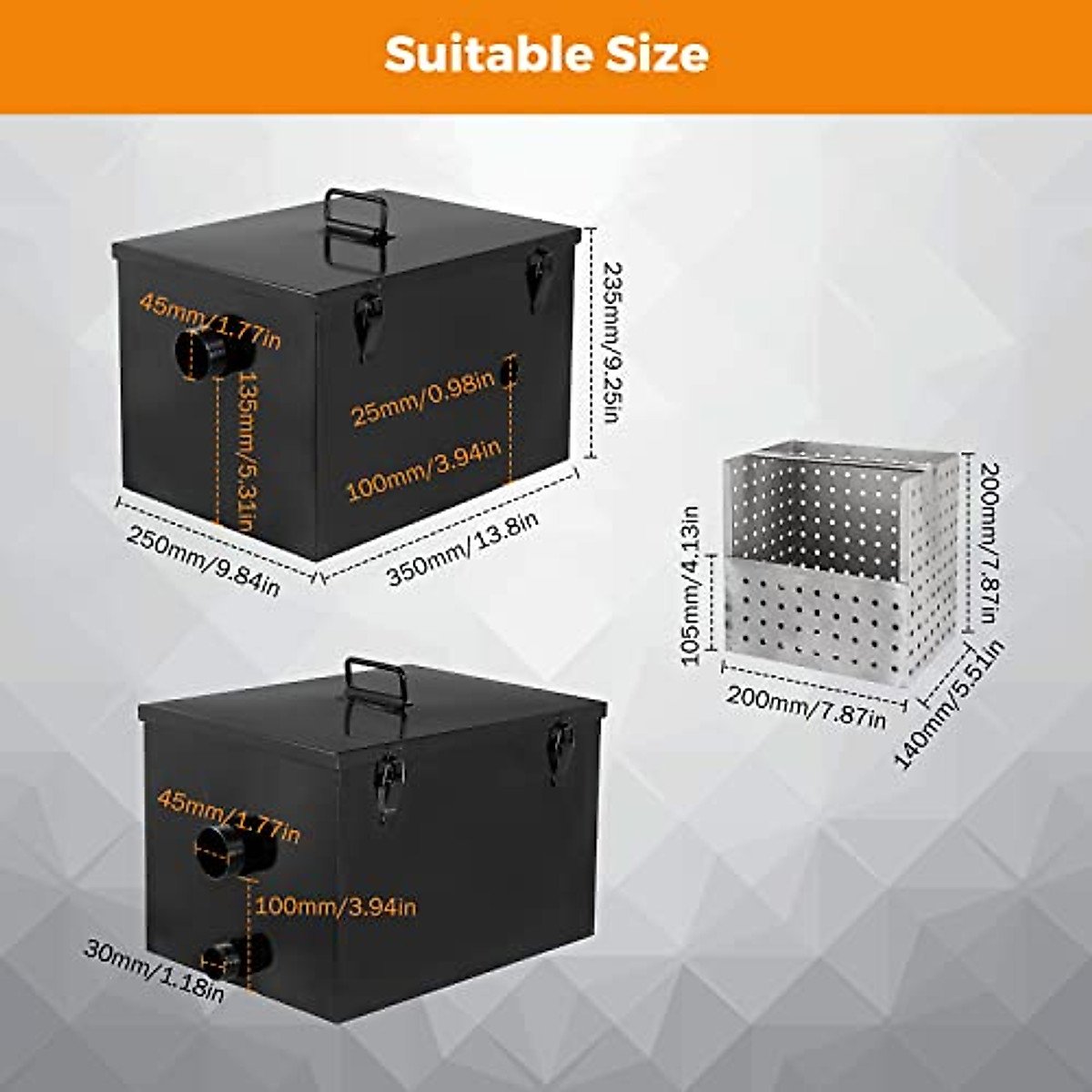 BEAMNOVA 9lbs Commercial Grease Trap Stainless Steel Black Grease Interceptor for Restaurant Kitchen Home Under Sink, Side Inlet