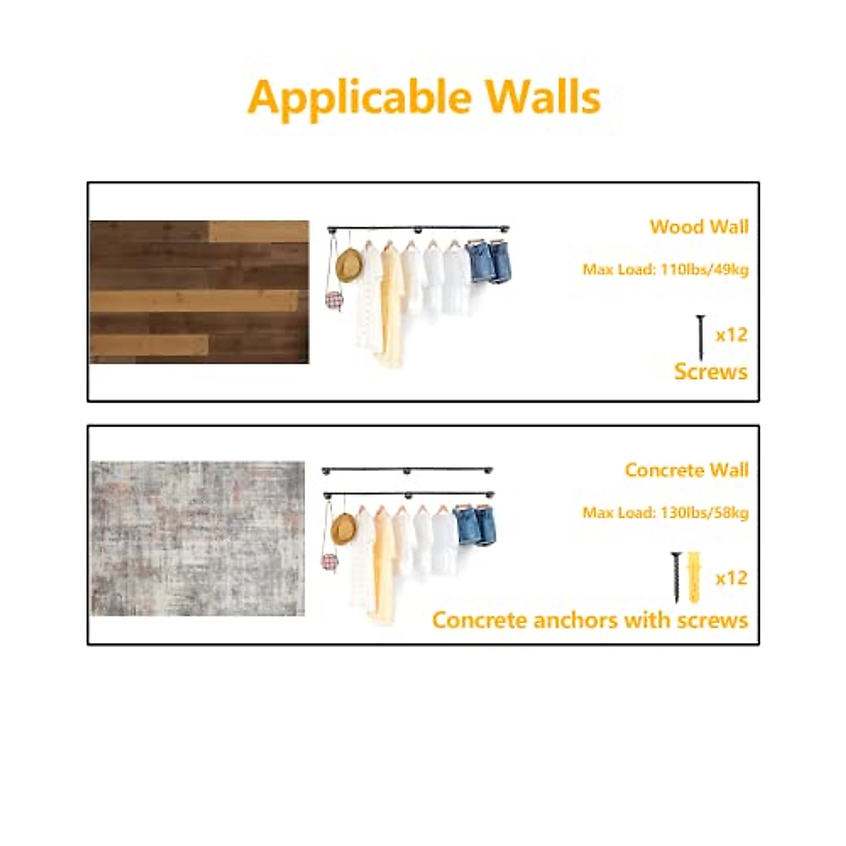 iflove Industrial Pipe Clothing Rack, 70 Inch Wall Mounted Clothes Rack, Wall Racks Hangers Laundry Room for Hanging Clothes, Closet Rods Heavy Duty, Display Rack for Retail, Black with 4 Hooks