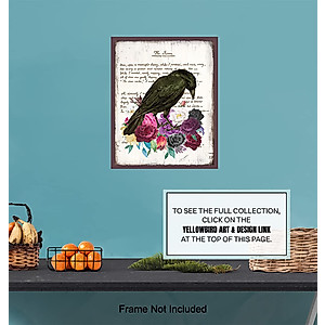 The Raven Edgar Allan Poe Decor - Gift for Medieval, Gothic, Wicca, Wiccan, Witchcraft, Occult Fan, Women - Goth Wall Art - Creepy Poster for Bedroom, Living Room - Crow, Roses, Flowers Picture