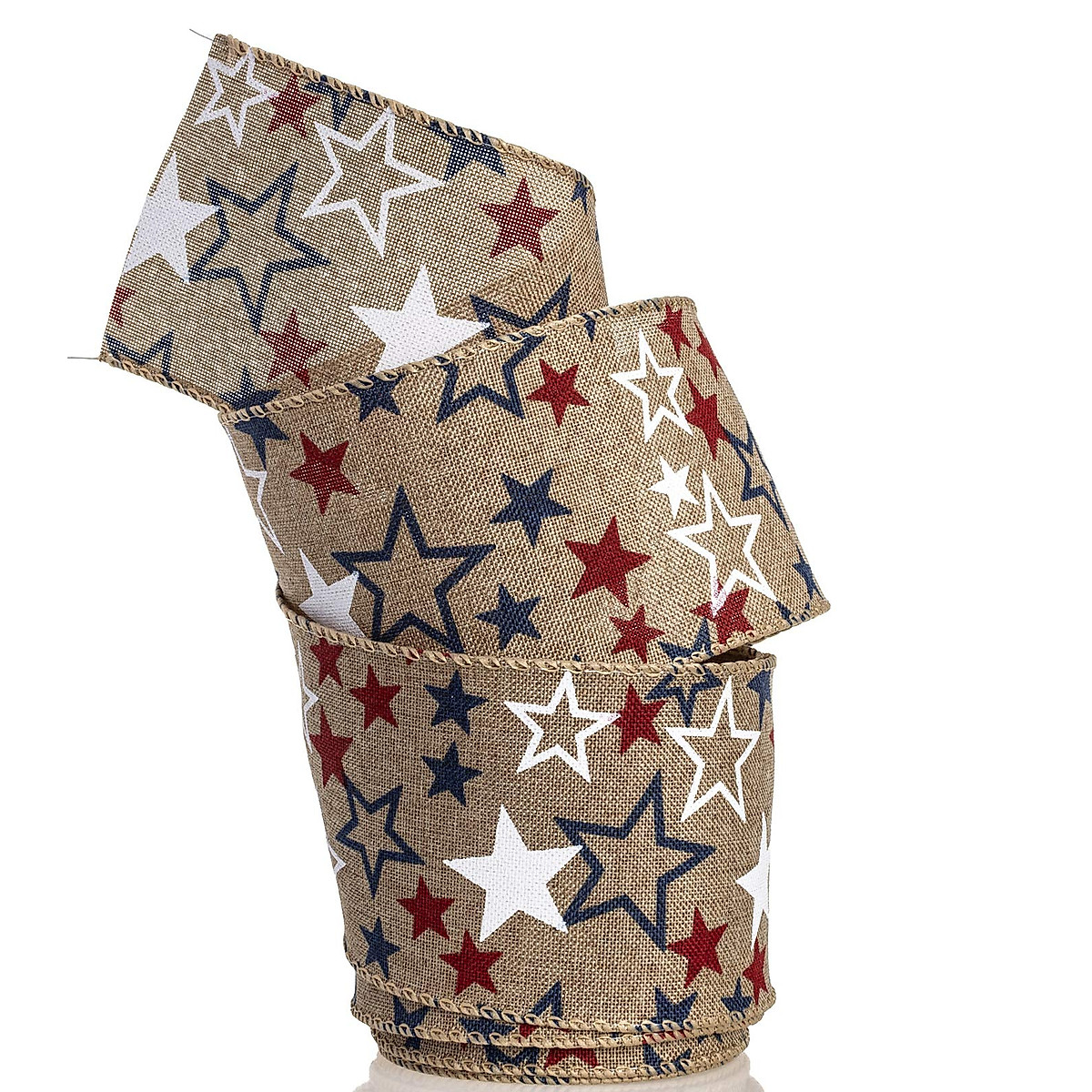 Red White Blue Stars Pattern Wired Edge Burlap Ribbon, 10 Yards by 2.5 Inches (Style 3)