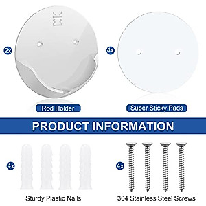 Shower Curtain Rod Holders for Wall – Adhesive Bathroom Tension Rod Retainer with Deeper Bracket Include Strong Tape for No Drilling Quick Mount and 304 Screws for Permanent Installation (Gloss White)