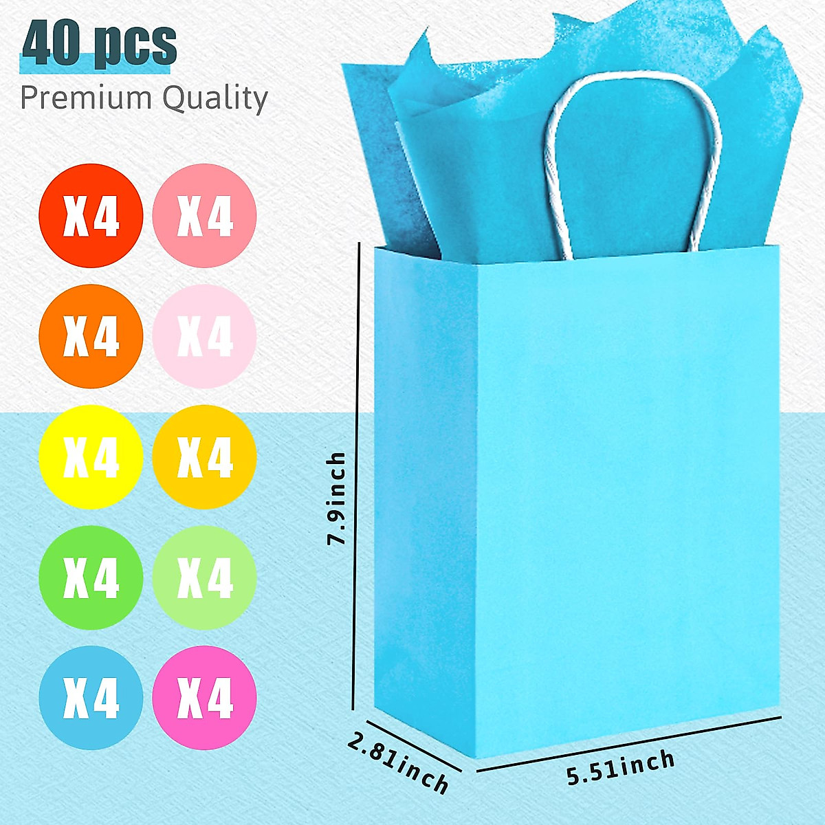 Shindel 40PCS Gift Bags with Handles, 10 Colors Party Favor Bags with Gift Wrapping Paper Rainbow Gift Bags for Wedding Birthday Party Supplies and Gifts (5.5" x 7.9" x 2.8")