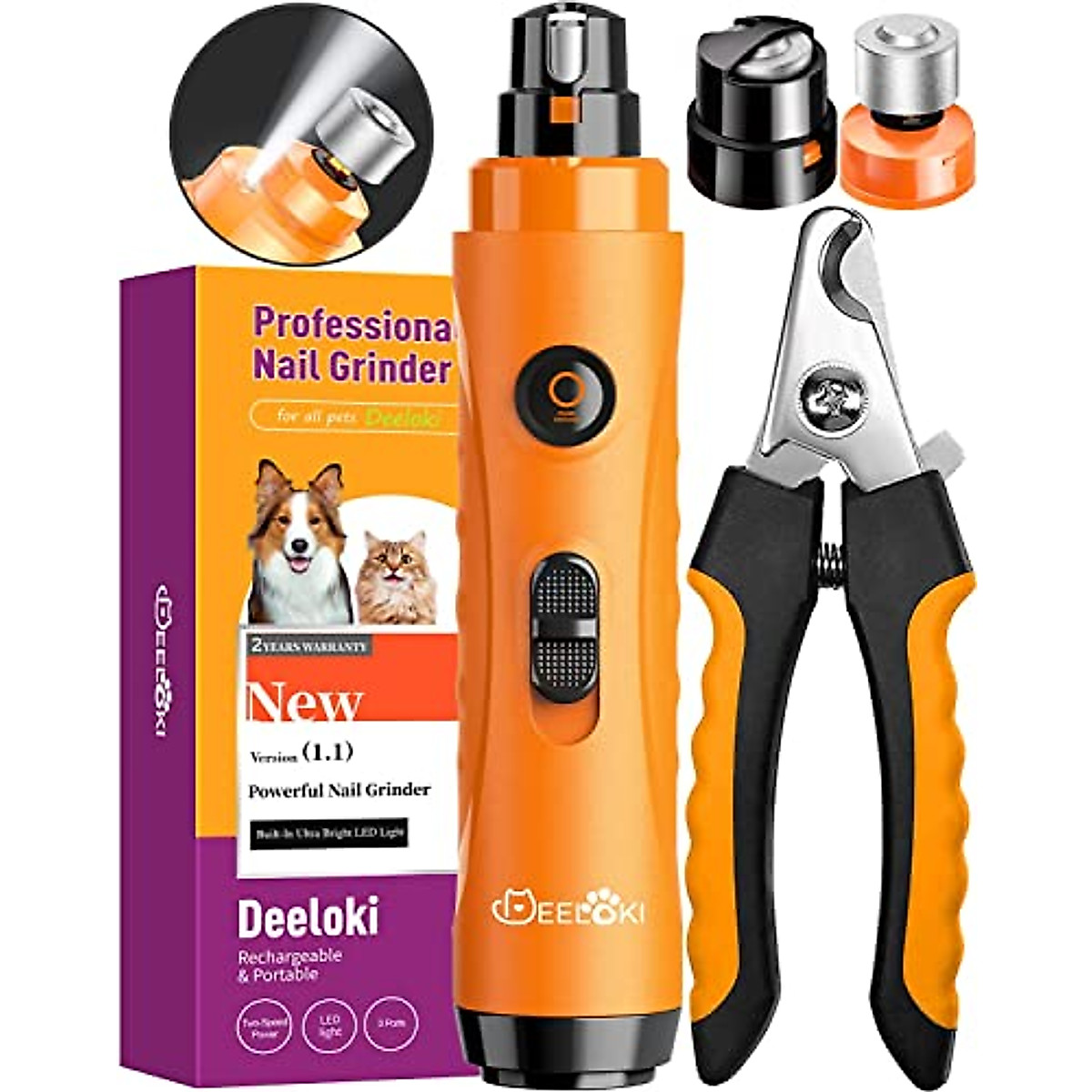 Dog Nail Grinder With LED Light,Powerful 2-Speed Motor Painless Electric Dog Nail Trimmers Professional Super Quiet Dog Nail Clipper Set for Small Medium Large Dogs & Cats Paws Grooming & Smoothing