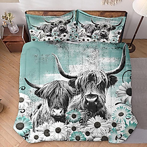 WeCozy Comforter Set Queen Size with 2 Pillowcases, Highland Cow Animal 3 Pcs Bedding Set for Kids and Adults, Buffalo Bull Farm Daisy Soft Comforter Set for Bedroom Bed Decor