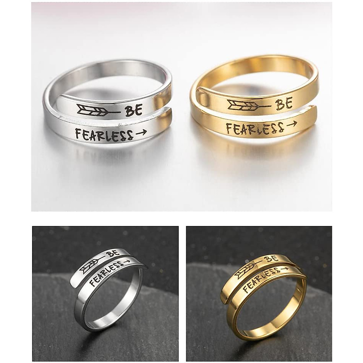 2 Pcs Inspirational Faith Rings for Women Adjustable Cross Open Statement Spiral Wrap Twist Ring Couple Promise Ring Birthday Gifts (BE FEARLESS-gold silver)