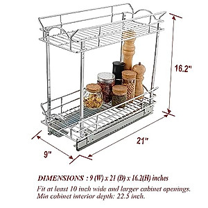OCG Slide Out Cabinet Organizer for Narrow Cabinet (9" W X 21" D), 2 Tier Pull Out Shelves Slim Sliding Cabinet Organizer and Storage, Chrome