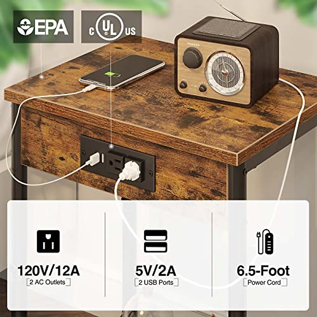 Rolanstar End Table Set of 2 with Charging Station, Small Side Table with USB Ports & Storage Shelf for Small Space, Living Room, Nightstand Bedside, 2-Tier Sofa Table for Bedroom