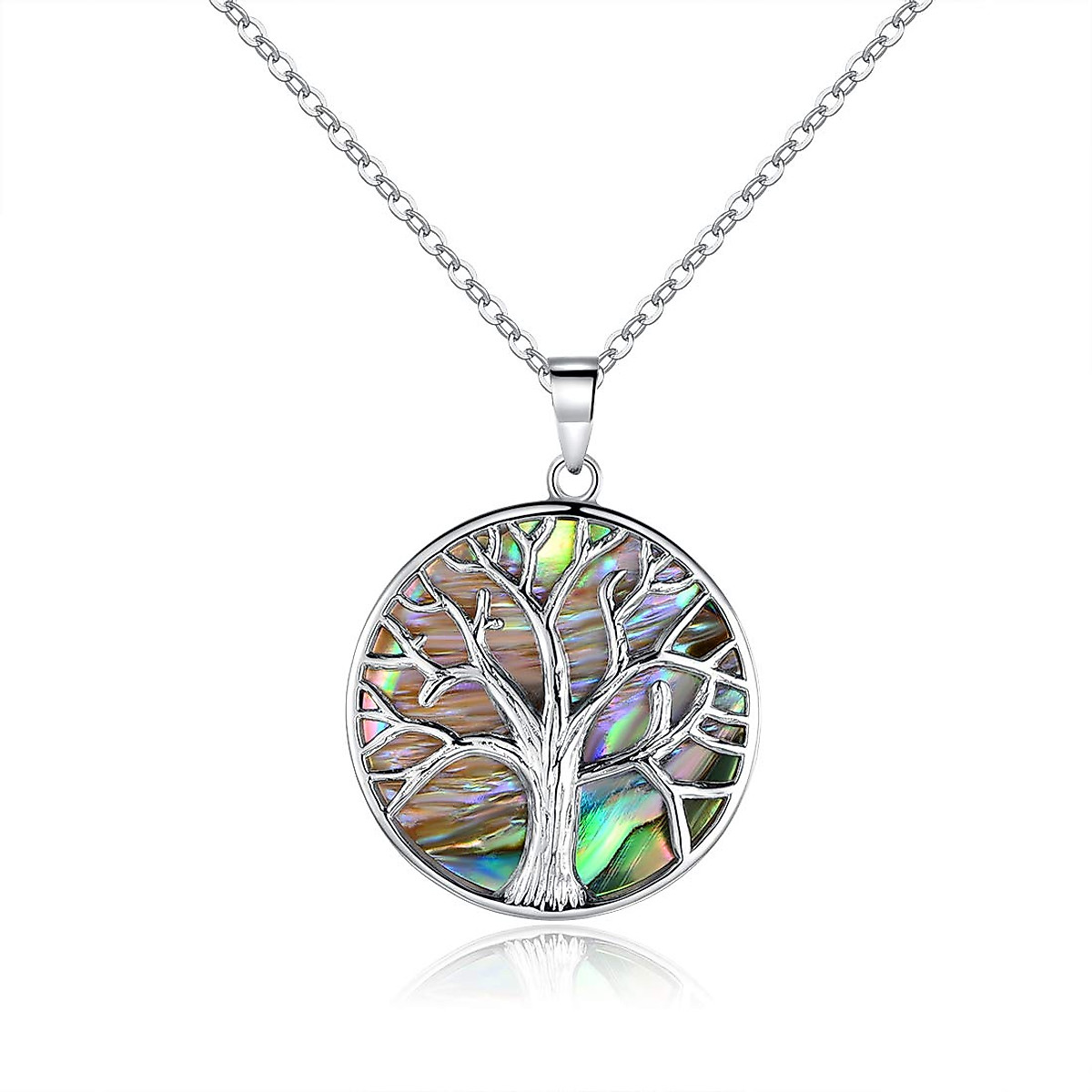 Barzel 18K White Gold Plated Created Abalone Shell Tree Of Life Necklace, 18 Inches with 2 Inches Extension - Made in Brazil