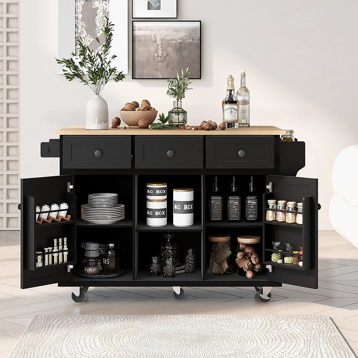 Kitchen Island Cart with Wood Drop-Leaf Top and 3 Drawers, Rolling Mobile Kitchen Island on 5 Wheels with Storage Cabinet, Internal Storage Racks, and Adjustable Shelves, 53.1 Inch Width (Black)