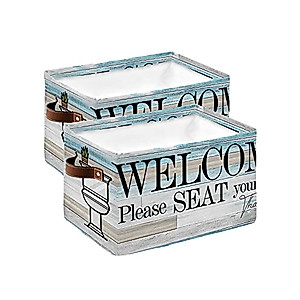 Bathroom Vintage Toilet Wood Storage Bins 2 Pack, Large Waterproof Storage Baskets for Shelves Closet, Welcome Please Seat Yourself Storage Basket Foldable Storage Box Cube Organizer with Handles