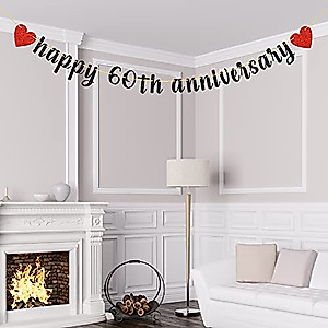 WeBenison Glitter Happy 60th Anniversary Banner, 60th Wedding Anniversary Party Banner Decor, 60th Anniversary Party Decorations Black & Red