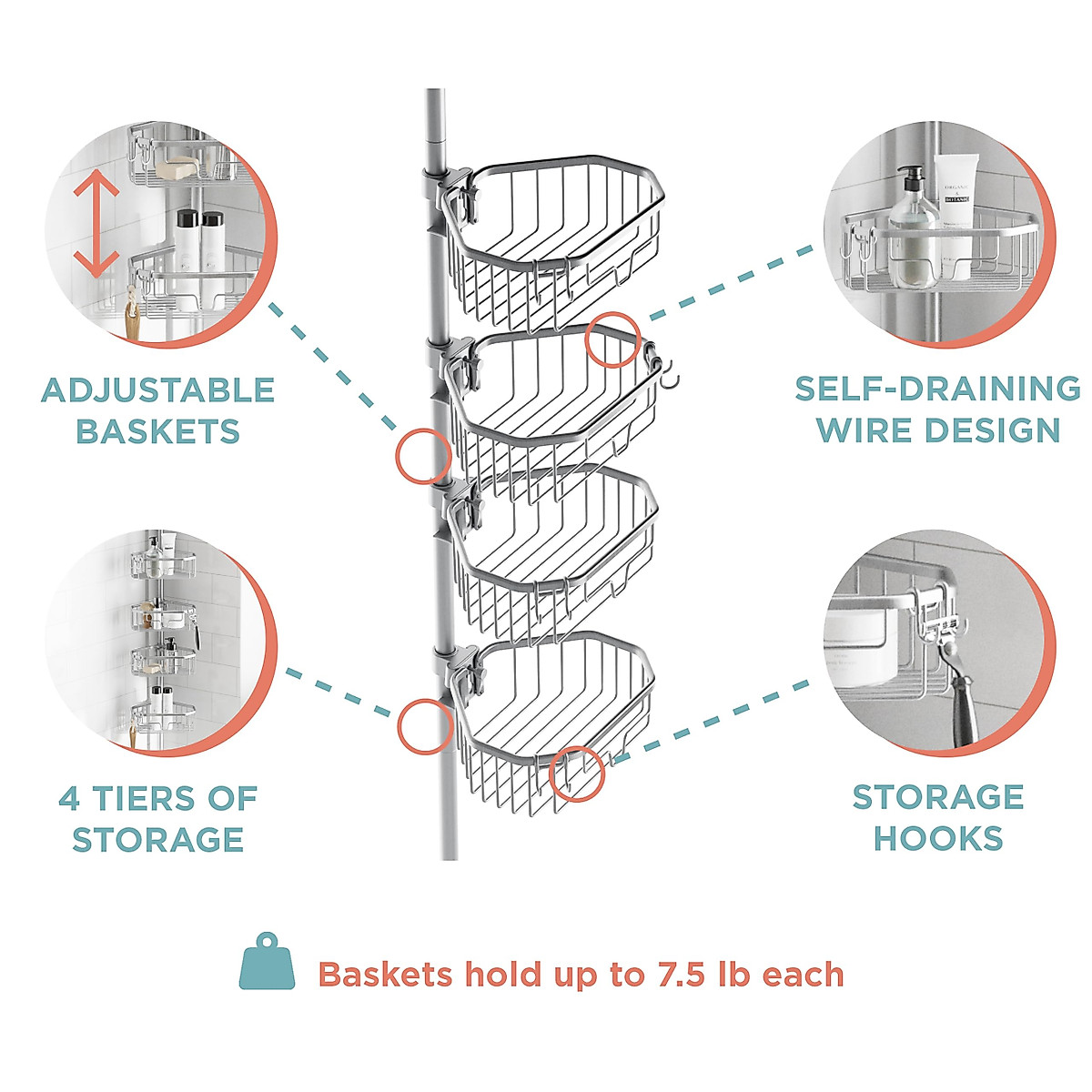 Zenna Home Tension Pole Shower Caddy with 4 Shelves and Hooks, Satin Chrome, 60-108 Inch – Rustproof Standing Corner Shower Organizer Shelf – Sturdy Adjustable Shower Rack for Bathroom Essentials