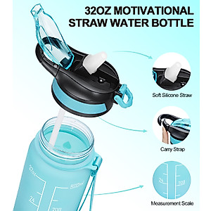 ELYPHINE 32/24 oz Water Bottles with Removable Straw & Time Marker, Motivational Sports Bottles with BPA Free Tritan Material, Leakproof Water Jug for Fitness