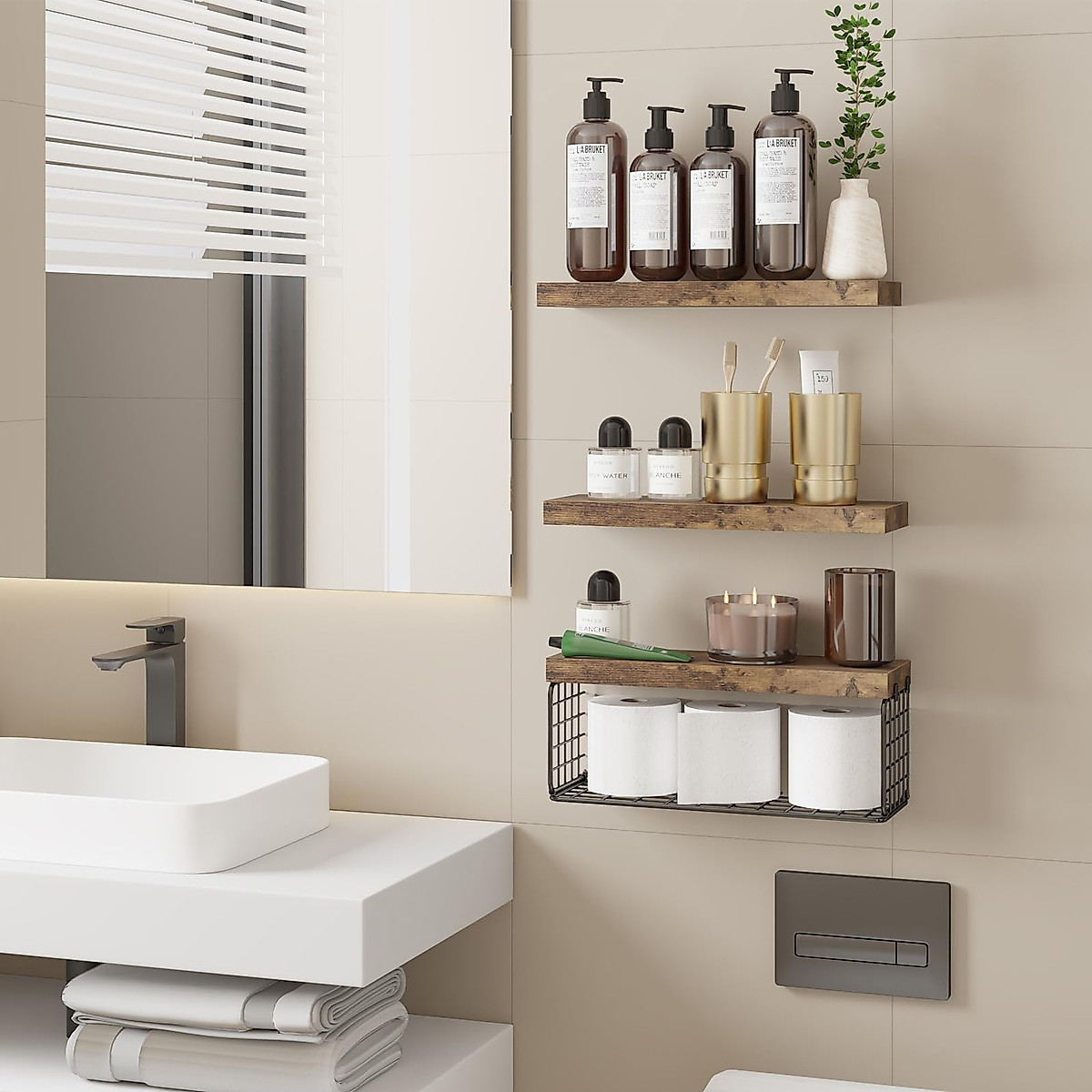 Fixwal Bathroom Floating Shelves, 3+1 Tier 15.7in Rustic Wood Wall Shelf Over Toilet with Invisible Brackets, Farmhouse Wall Decor (Rustic Brown)