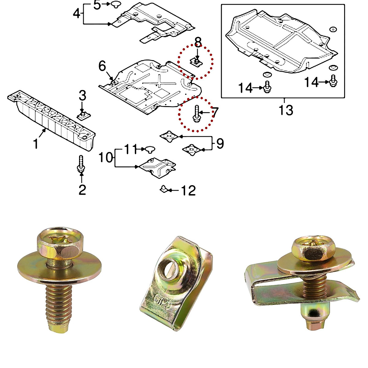 URMECCH 20x Body Bolts M6-1.0 x 20mm Long - 10mm Hex - 17mm Washer - 20x U-Nuts Clips Engine Under Cover Undertray Splash Shield Guard Bumper Fender Liner Push Retainer Fastener, Yellow Zinc Finish