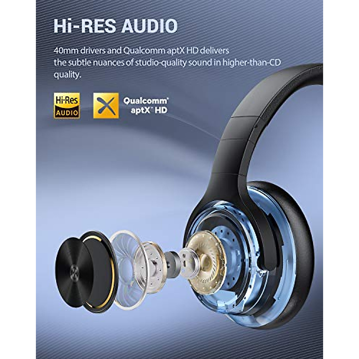 Cystereo Active Noise Cancelling Headphones with 40dB Noise Reduction, Wireless Bluetooth, 40H Playtime, aptX HD, Hi-Res Audio, Fast Charge, Deep Bass, Protein Earpads, 5 Built-in Mics, Black (Lava)