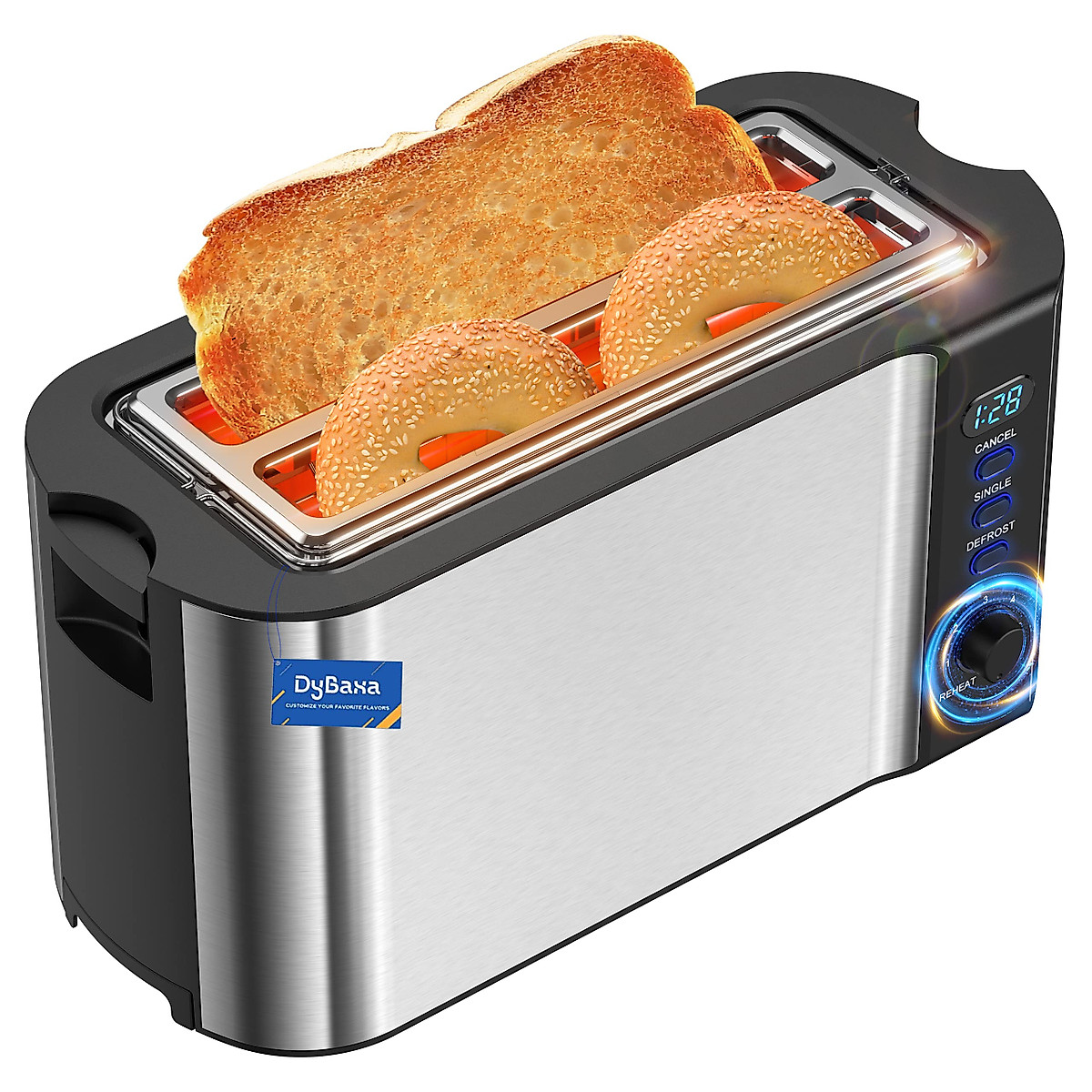 DyBaxa Stainless Steel Toaster 4 Slice Smart LED, Toaster 2 Slice Long Slot, 4 Slice Toaster Wide Slot for Bagel Sourdough Artisan Croissant Muffin, 6 Browning Control, Warming Rack, Crumb Tray