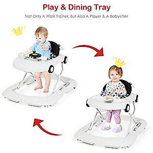 Baby Walker, 2-in-1 Foldable Baby Walker with Music Player and Lights, Steering Wheel, Mirrors, Removable Tray to Food Tray, High Back Padded Seat, Compact Folding Design (White)