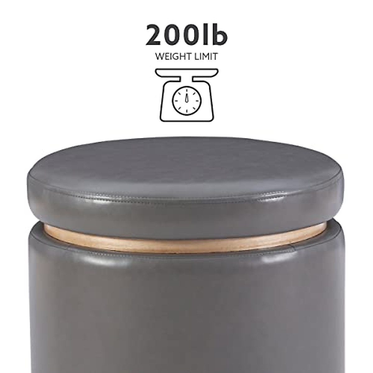 Linon Lexington Grey Faux Leather Round Storage Ottoman with Wood Accent