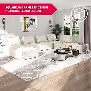MUZZ Modular Convertible U/L Sectional Sofa, 7 Seater Sofa Couch with Soft Oversized Seat, Free Combination Armless Sectional Sofa for Living Room, Bedroom (Beige, 7PCS)