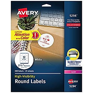 Avery High Visibility Printable Round Labels with Sure Feed, 2.5" Diameter, White, 300 Customizable Blank Labels Total (5294)