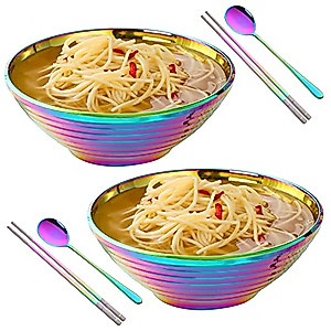 TUPMFG Ramen Noodle Bowl Sets: Stainless Steel Korean Bowls Large Metal Pho Soup Bowl with Chopsticks and Spoons Rainbow 2PCS