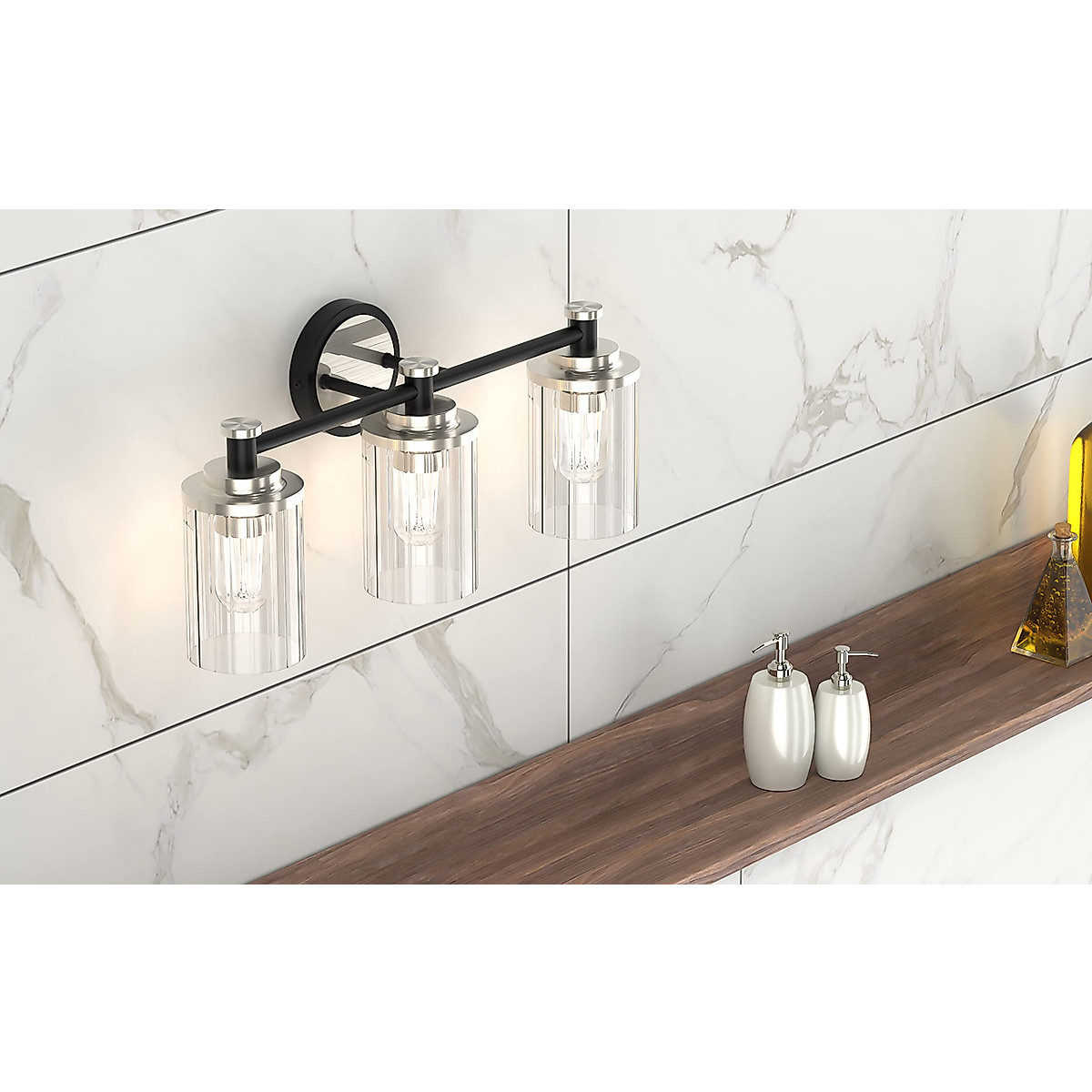 PHIXART Bathroom Lighting Fixtures Black and Brushed Nickel Bathroom Vanity Light with Cylindrical Clear Stripes Glass Lampshade E26 Socket Base Bathroom Lighting Fixtures Over Mirror (3 Lights)