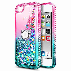 NGB iPod Touch 7 Case, iPod Touch 6/5 Case with HD Screen Protector and Ring Holder for Girls Women Kids, Glitter Liquid Soft TPU Clear Cute Case for Apple iPod Touch 7th/6th/5th Generation -Pink/Aqua