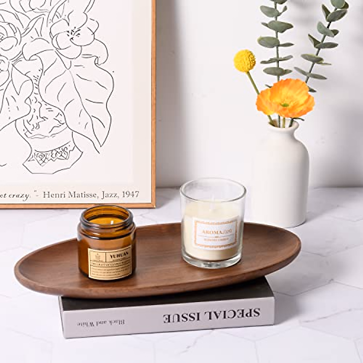 Insunen Walnut Wood Serving Decorative Tray, Oval Wooden Organizer Trays for Bathroom, Small Solid Wood Party Trays and Platters for Food Snack, 12.6 inches