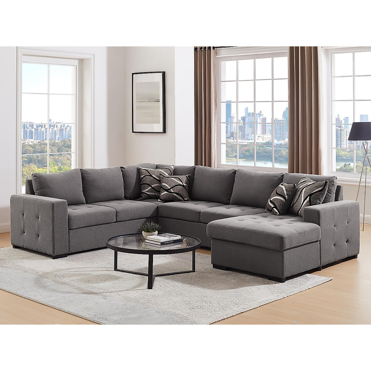 THSUPER Sectional Sleeper Sofa Couch Pull Out Bed with Storage Chaise, U Shape Oversized Sectionals Couches for Living Room, 6 Seater Gray