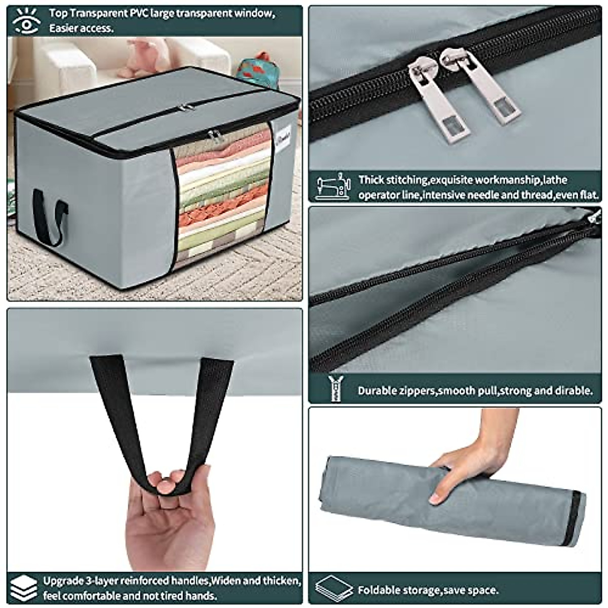 GARPROVM 3PCS Large Storage Bags, Clothes Storage Bag with Lids and Handle, Foldable Closet Organizer Storage Oxford Bag cloth for Clothing Sweaters Comforter Blanket Pillows Toys, Light Grey