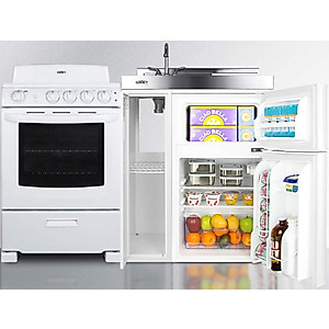 Summit Appliance ACK54COILW 54" Wide All-in-One Kitchenette with 220V 4-Element Electric Coil Range, Refrigerator-Freezer, Sink, Cutting Board and Cutlery Storage, and a Storage Cabinet