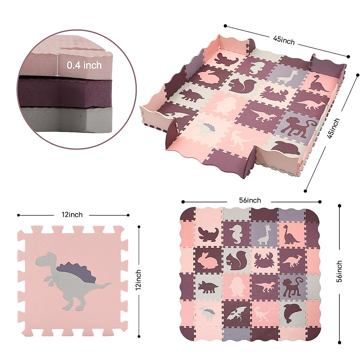 56" X 56" Baby Play Mats Floor Mat Foam Puzzle Playmat for Toddler and Kids