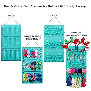Double-Sided Headbands Holder for Baby Girls丨43” x 12” Hair Bows Clips Ties Barrettes Accessories Organizer with 24 Ribbons/ 33 Velvet Hooks Hangers, Wall Hanging for Girl Room, Baby Nursery Decors
