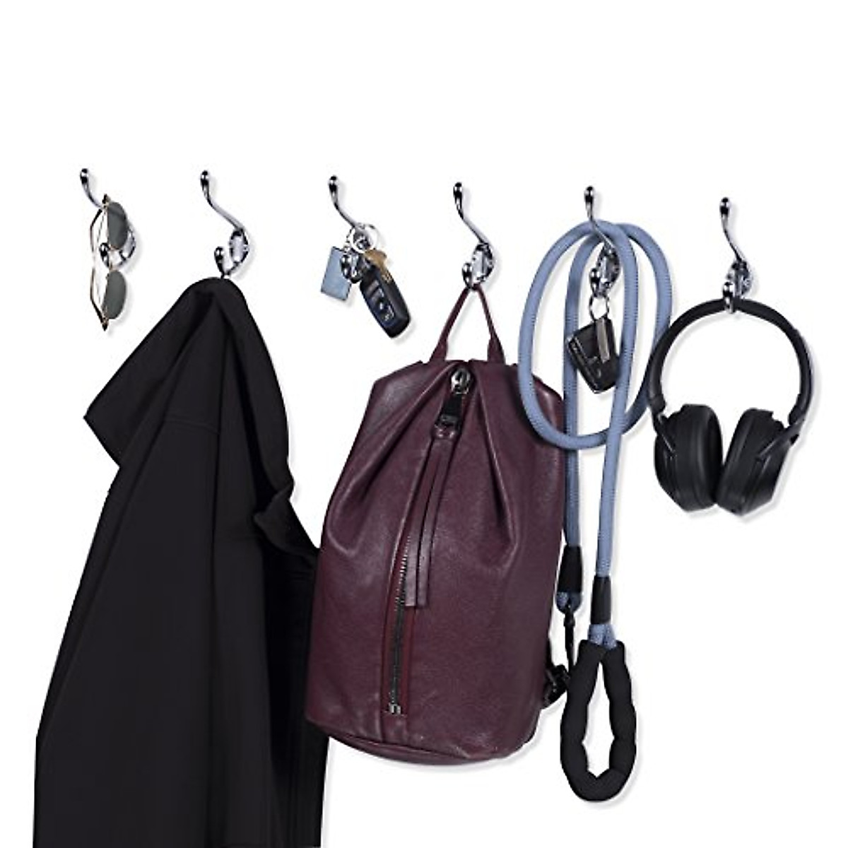 brightmaison 6 Pack Heavy Duty Dual 3.5inch Coat Hooks Wall Mounted with 24 Screws Retro Double Hooks Utility Black Hooks for Coat, Scarf, Bag, Towel, Key, Cap, Cup, Hat (Chrome)