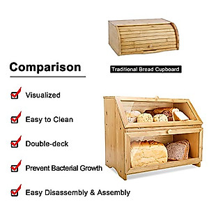 HOMEKOKO Double Layer Large Bread Box for Kitchen Counter, Wooden Large Capacity Bread Storage Bin (Natural Bamboo)