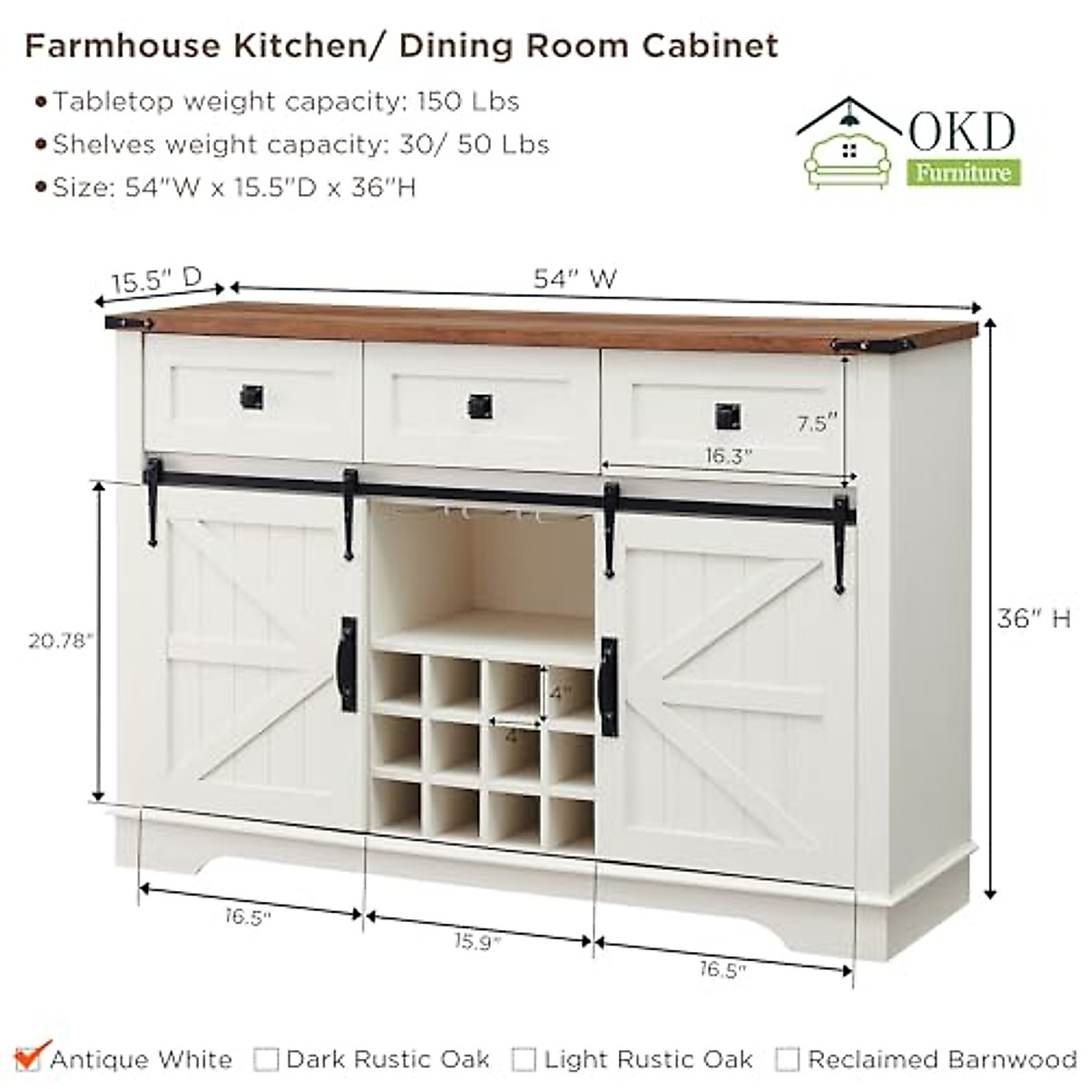 OKD Farmhouse Buffet Cabinet with Storage, 54" Sideboard with 3 Drawers, Sliding Barn Door, Wine and Glass Rack, Storage Shelves, Liquor Coffee Bar Cupboard for Kitchen, Dining Room, Antique White