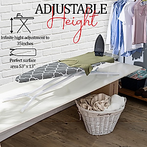 Tidy Zebra Compact Ironing Board Full Size MADE IN THE USA – 4 LEG Extra Durable & Sturdy Ironing Boards with Thick Iron Board Cover – Foldable Ironing Board for Easy Storage Height Adjustable (13x53)