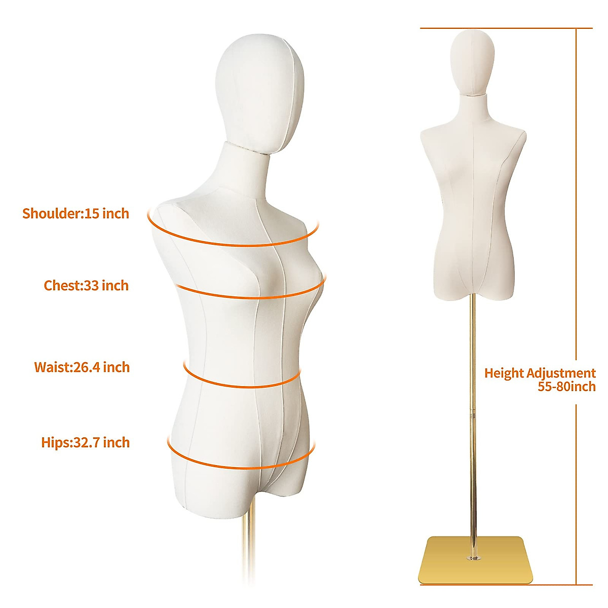 Female Mannequin Torso Dress Forms for Sewing Manicanequin Body Gold Metal Stand Detachable Head for Clothing Dress Jewelry Display, No Hands